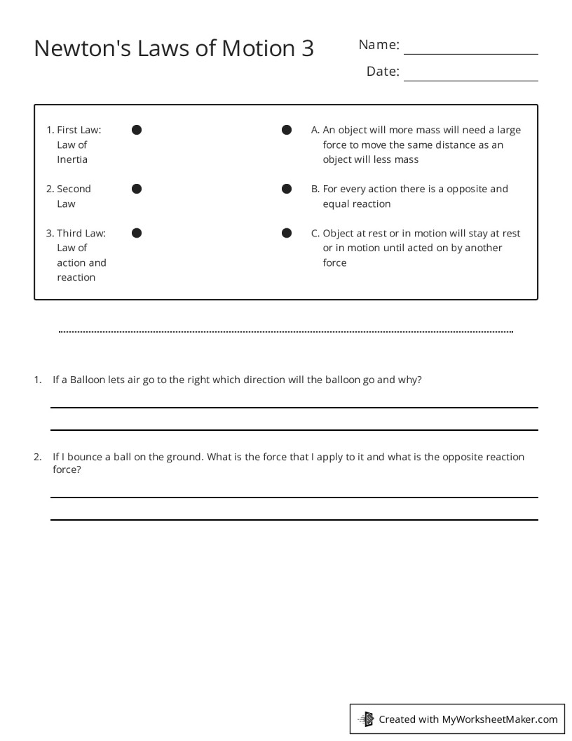 Newton's Laws of Motion 3 - My Worksheet Maker: Create Your Own Worksheets