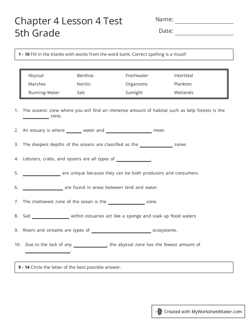 Chapter 4 Lesson 4 Test5th Grade - My Worksheet Maker: Create Your Own ...