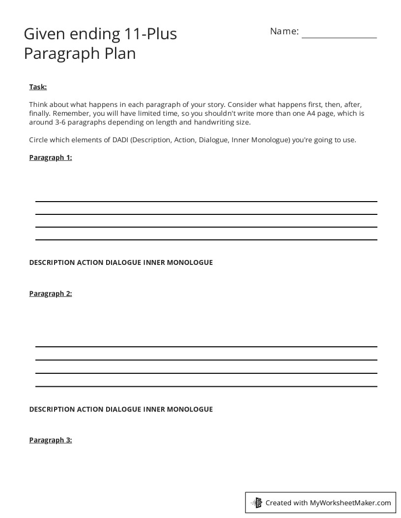 Given ending 11-Plus Paragraph Plan - My Worksheet Maker: Create Your Own Worksheets