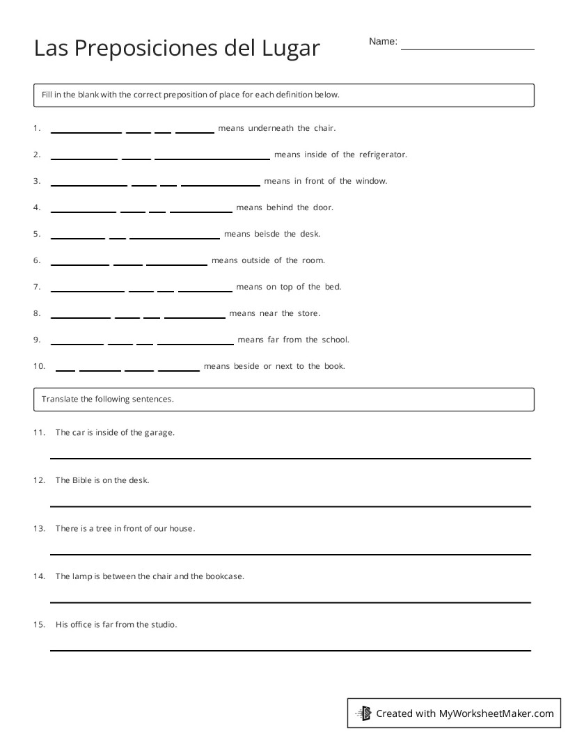 Las Preposiciones del Lugar - My Worksheet Maker: Create Your Own ...