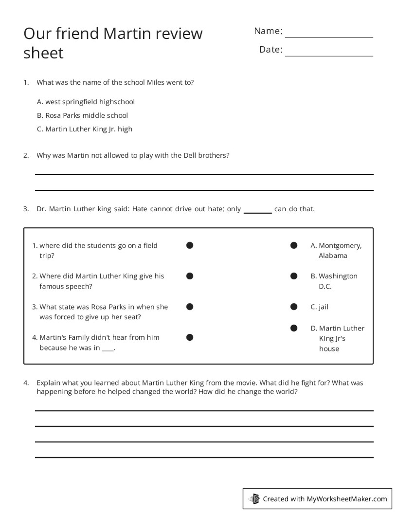 Our friend Martin review sheet - My Worksheet Maker: Create Your Own ...