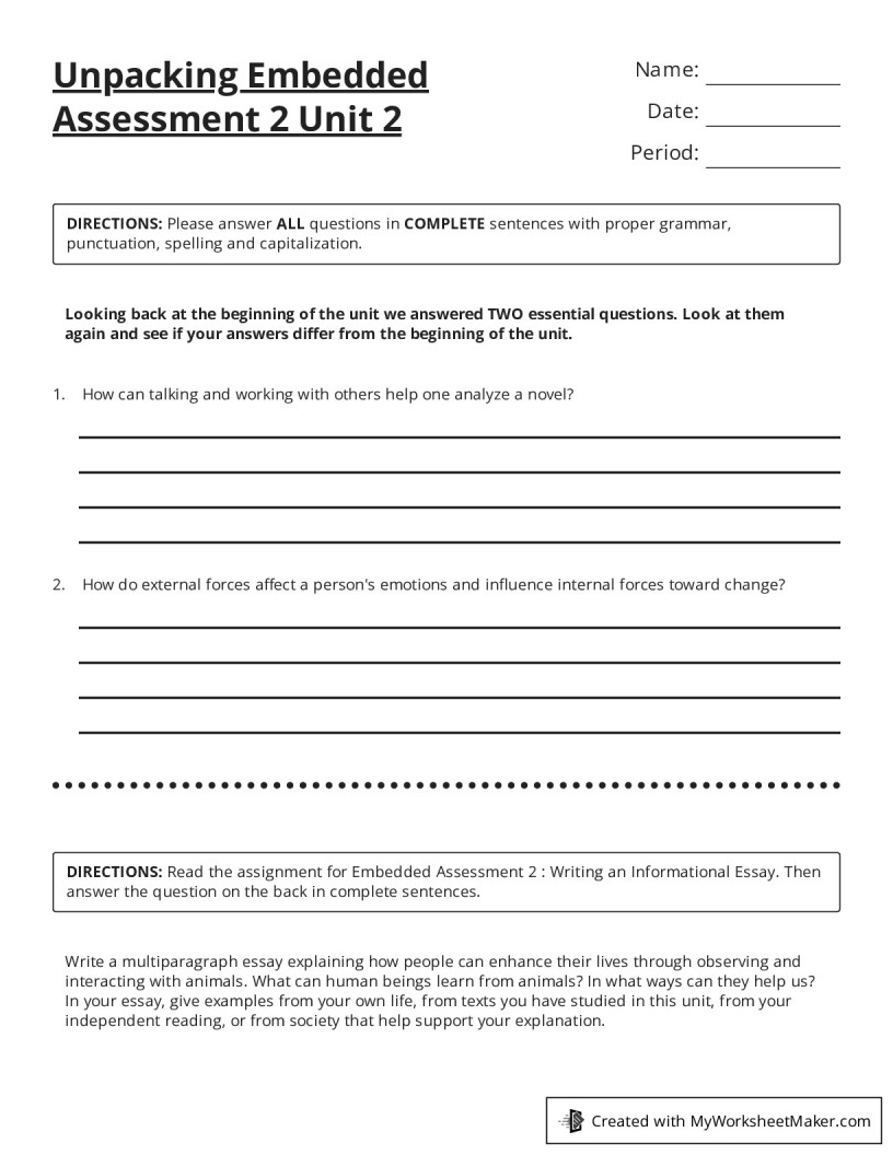 Unpacking Embedded Assessment 2 Unit 2 - My Worksheet Maker: Create ...
