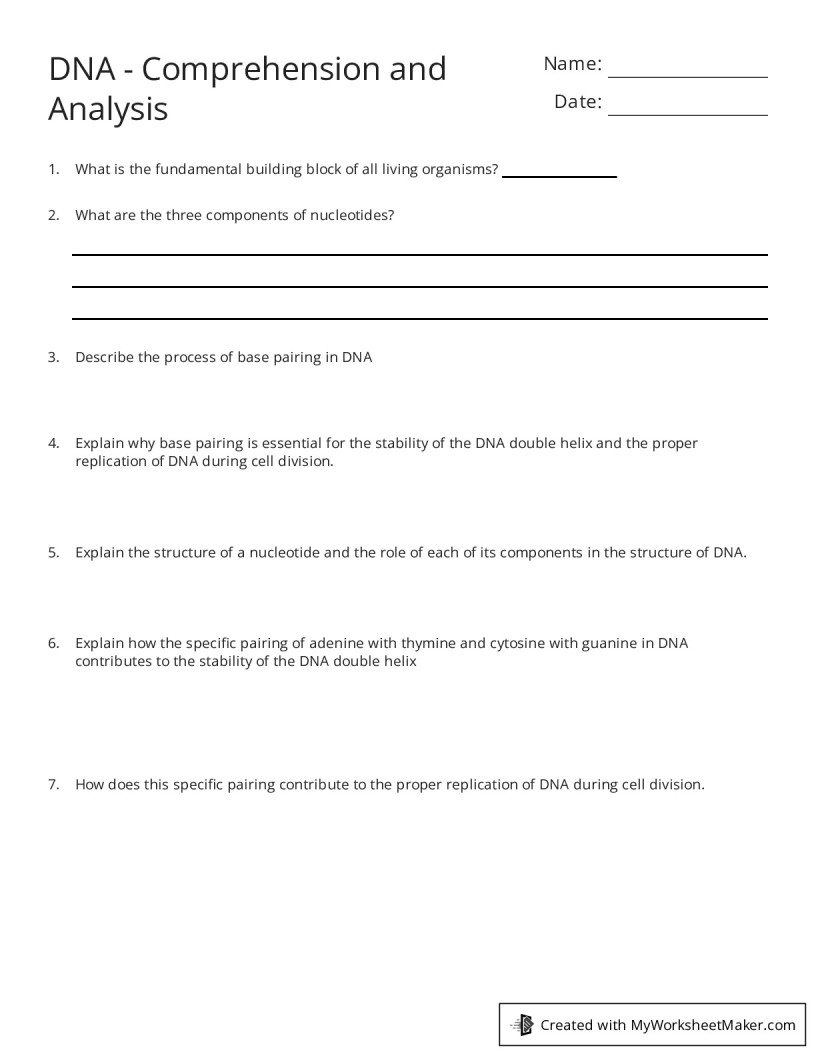 DNA - Comprehension and Analysis - My Worksheet Maker: Create Your Own ...