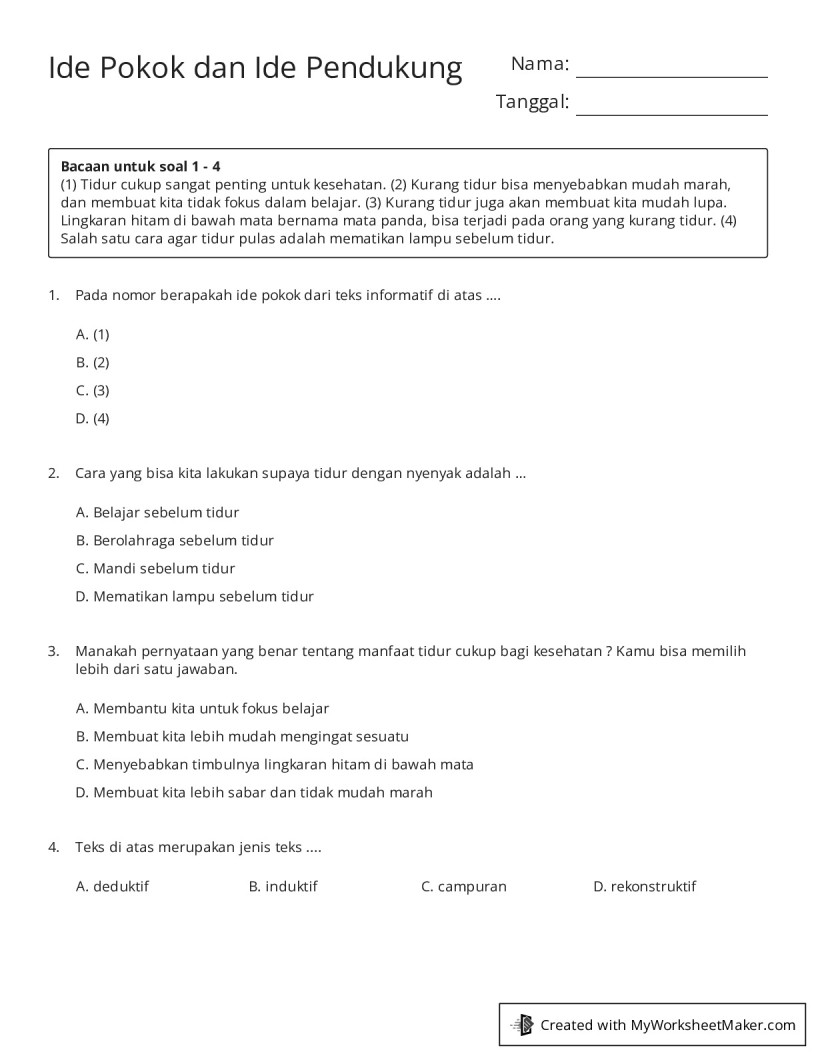 Ide Pokok dan Ide Pendukung - My Worksheet Maker: Create Your Own ...