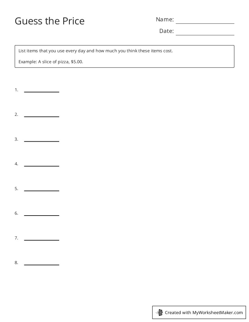 Guess the Price - My Worksheet Maker: Create Your Own Worksheets