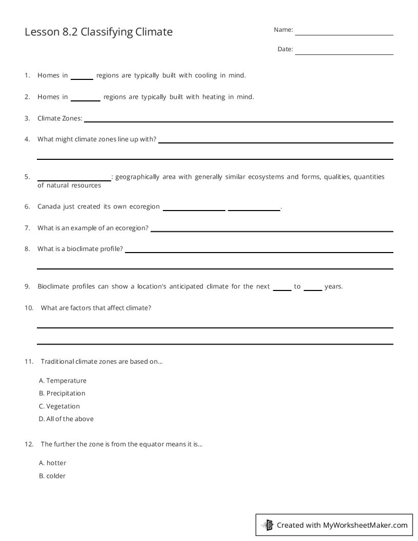 Lesson 8.2 Classifying Climate - My Worksheet Maker: Create Your Own ...