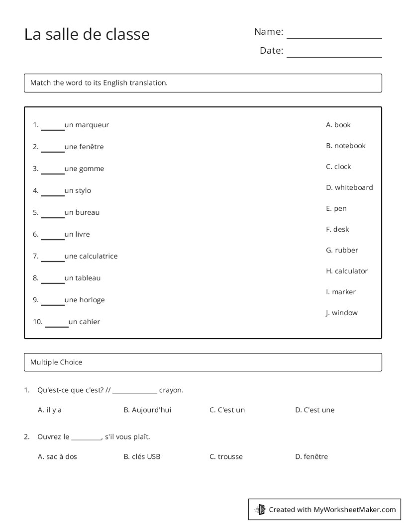 La salle de classe - My Worksheet Maker: Create Your Own Worksheets