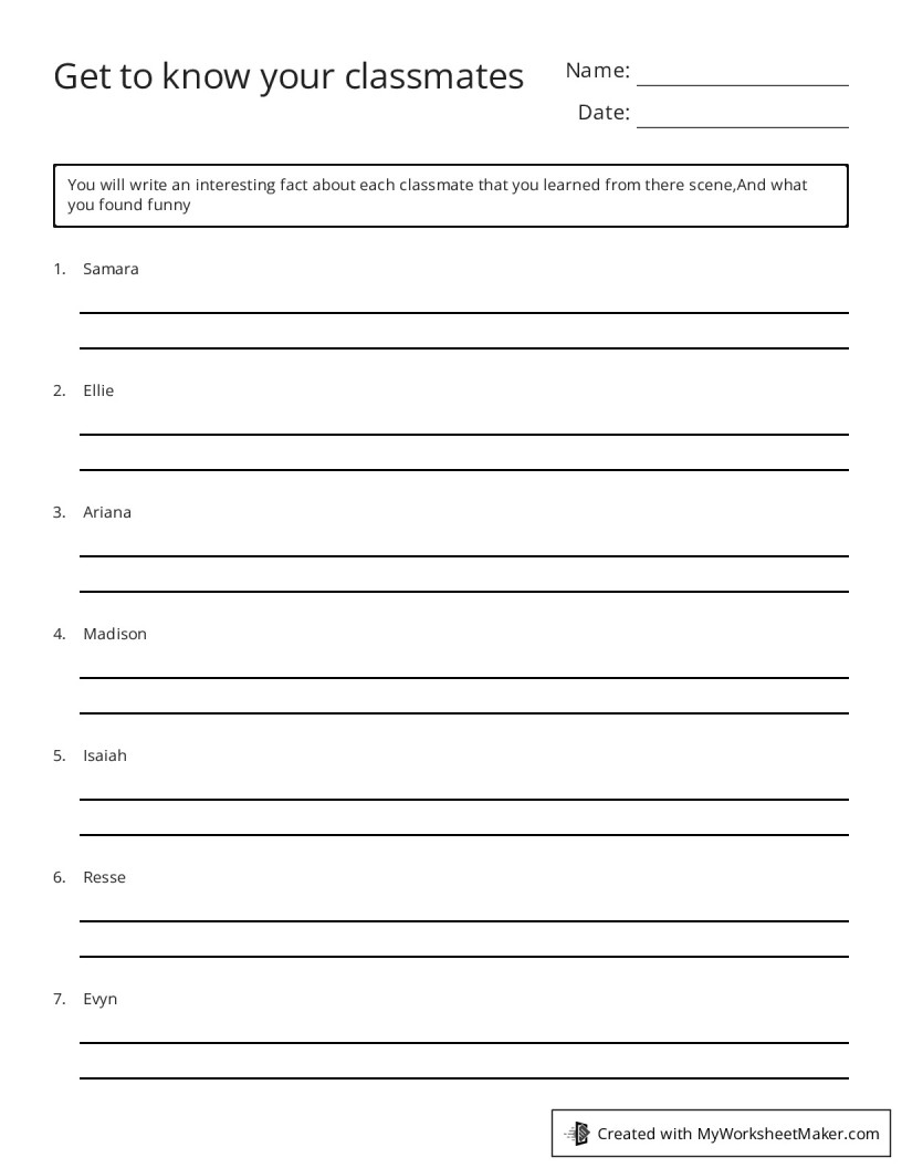 Get to know your classmates - My Worksheet Maker: Create Your Own ...