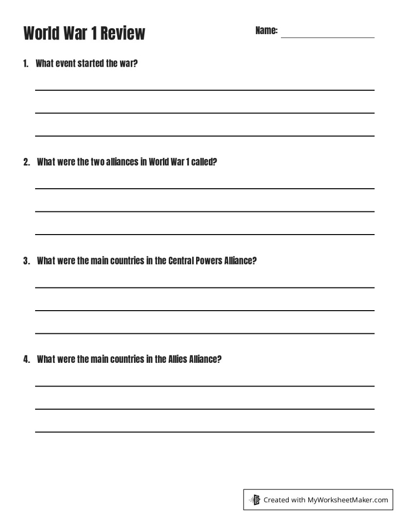 World War 1 Review - My Worksheet Maker: Create Your Own Worksheets