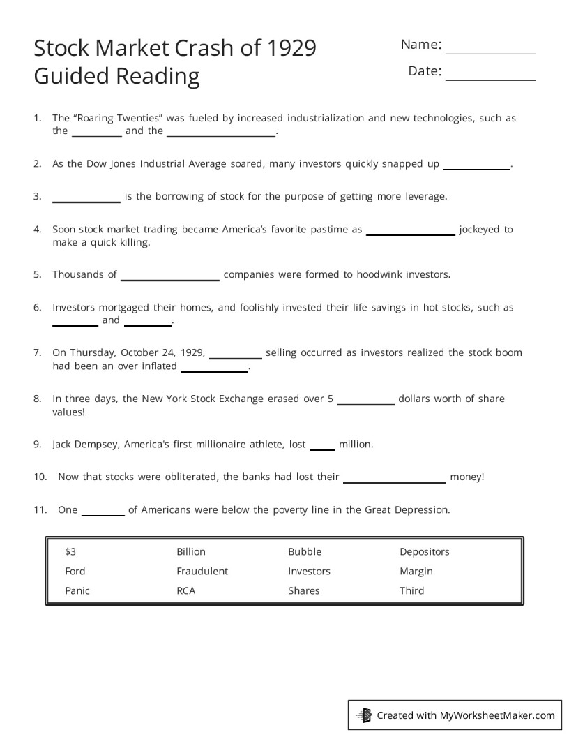 Stock Market Crash of 1929 Guided Reading - My Worksheet Maker: Create ...