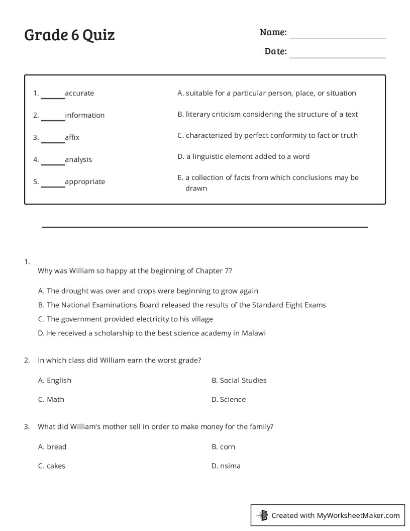 Grade 6 Quiz - My Worksheet Maker: Create Your Own Worksheets