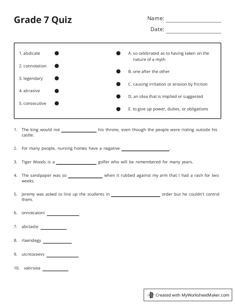 Grade 7 Quiz - My Worksheet Maker: Create Your Own Worksheets
