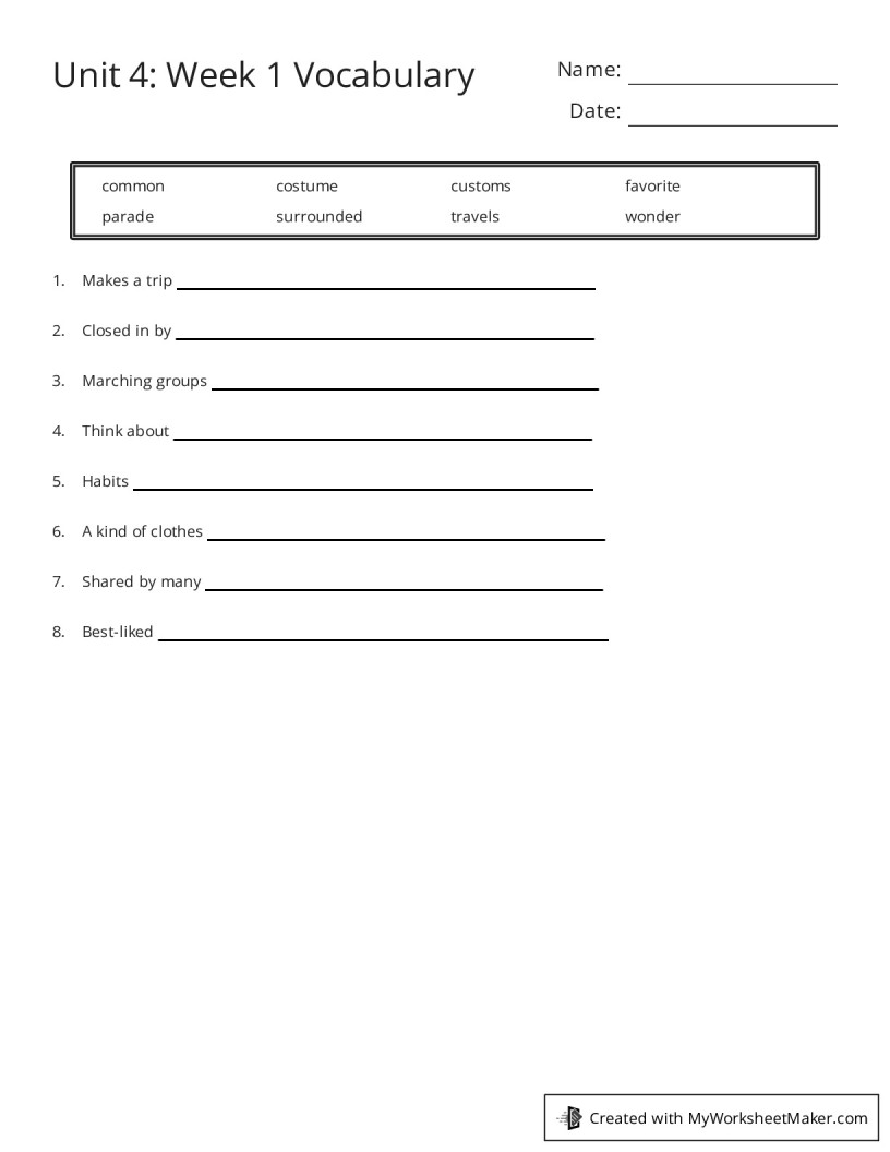 Unit 4: Week 1 Vocabulary - My Worksheet Maker: Create Your Own Worksheets