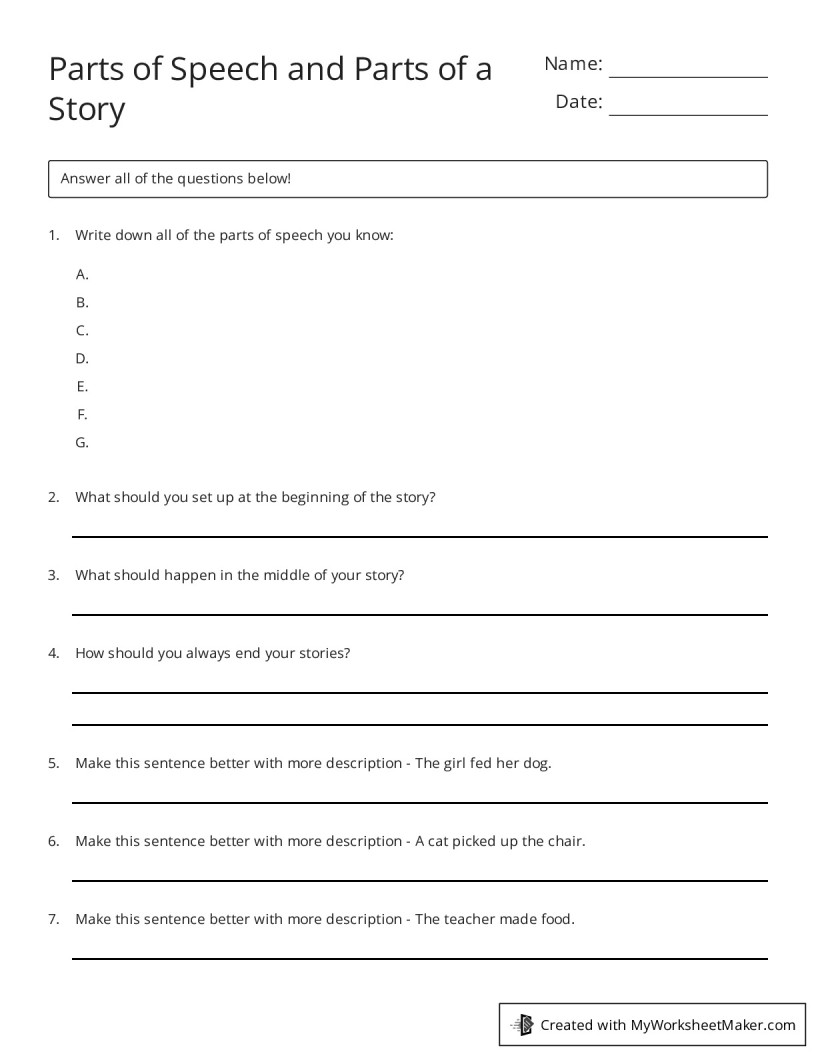 Parts of Speech and Parts of a Story - My Worksheet Maker: Create Your ...