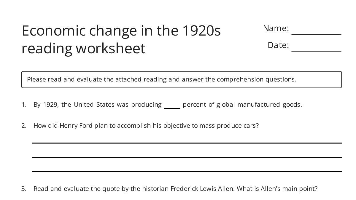 Economic change in the 1920s reading worksheet - My Worksheet Maker ...
