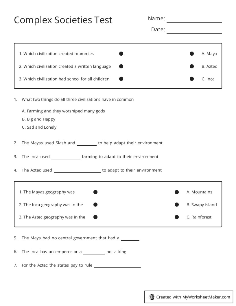 Complex Societies Test - My Worksheet Maker: Create Your Own Worksheets