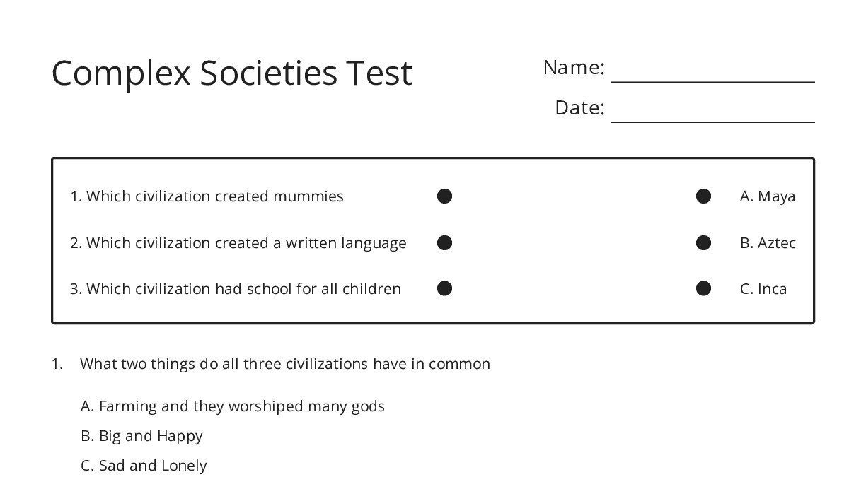Complex Societies Test - My Worksheet Maker: Create Your Own Worksheets