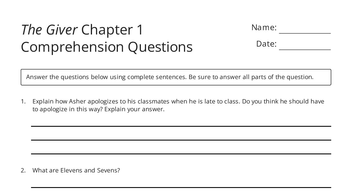 The Giver Chapter 1 Comprehension Questions - My Worksheet Maker ...