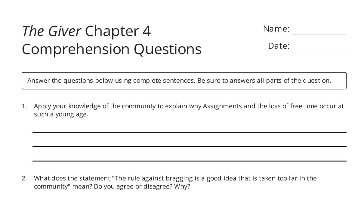 The Giver Chapter 4 Comprehension Questions - My Worksheet Maker ...