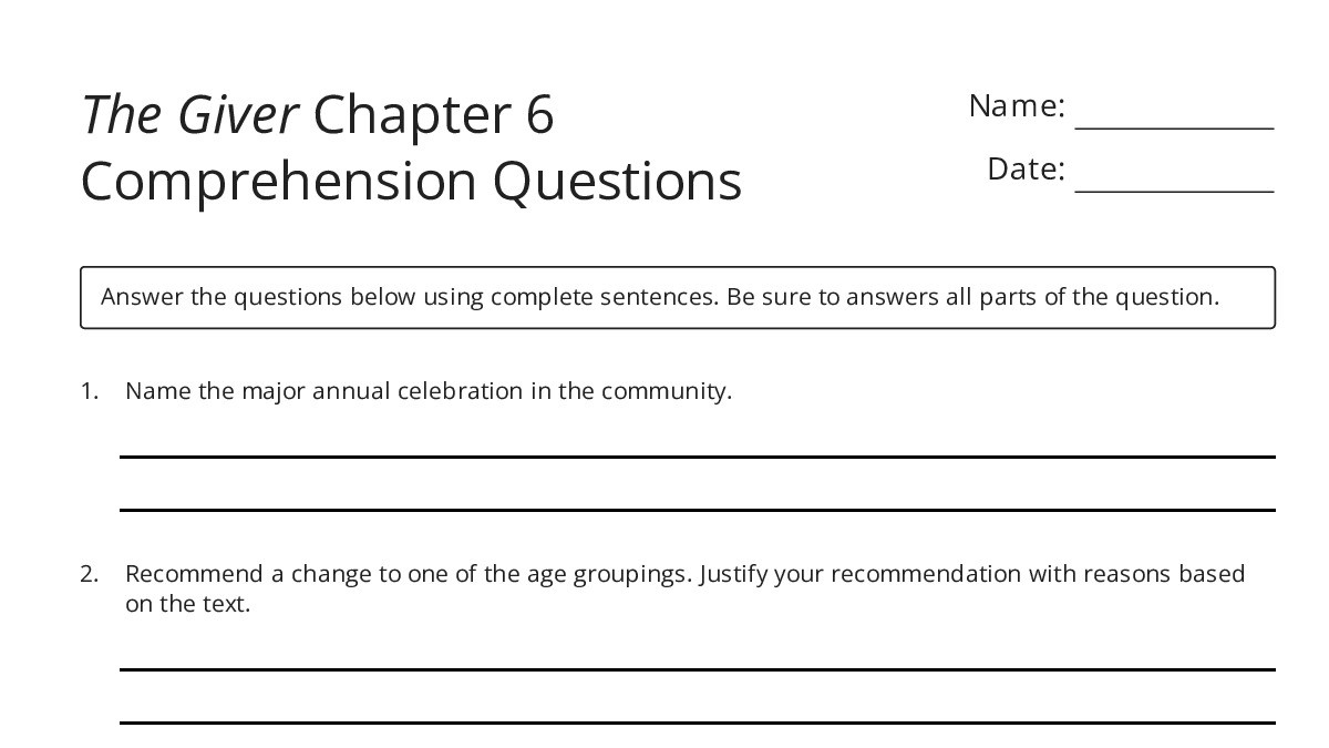 The Giver Chapter 6 Comprehension Questions - My Worksheet Maker ...
