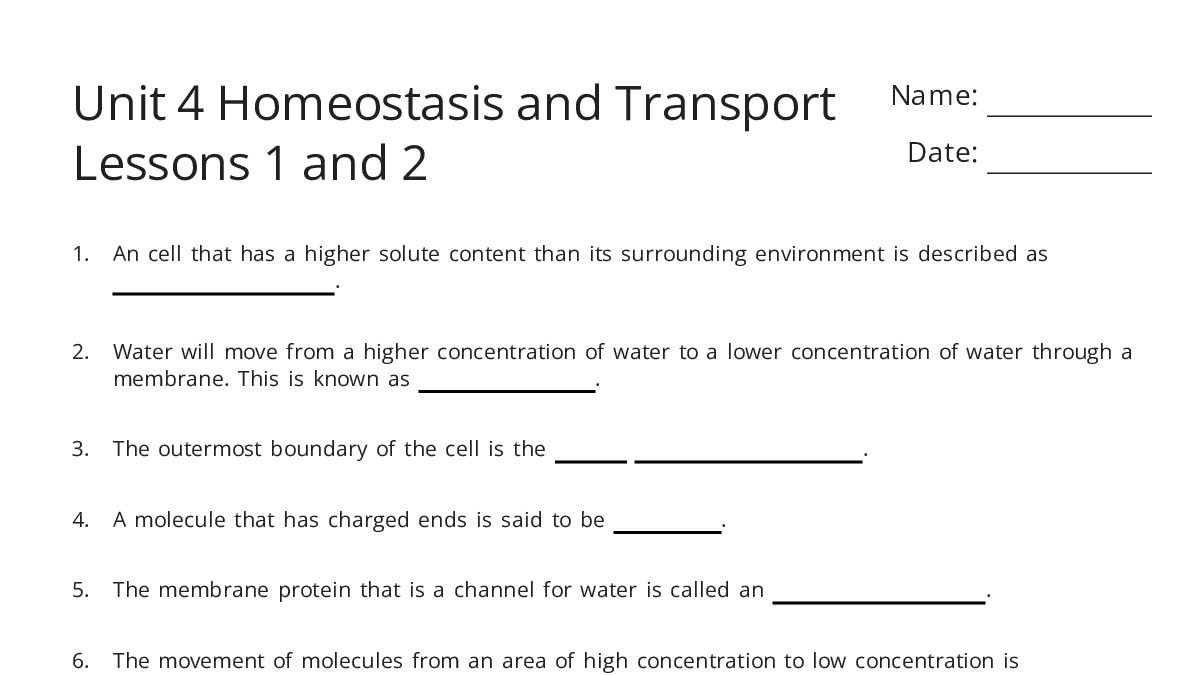 Unit 4 Homeostasis and Transport Lessons 1 and 2 - My Worksheet Maker ...