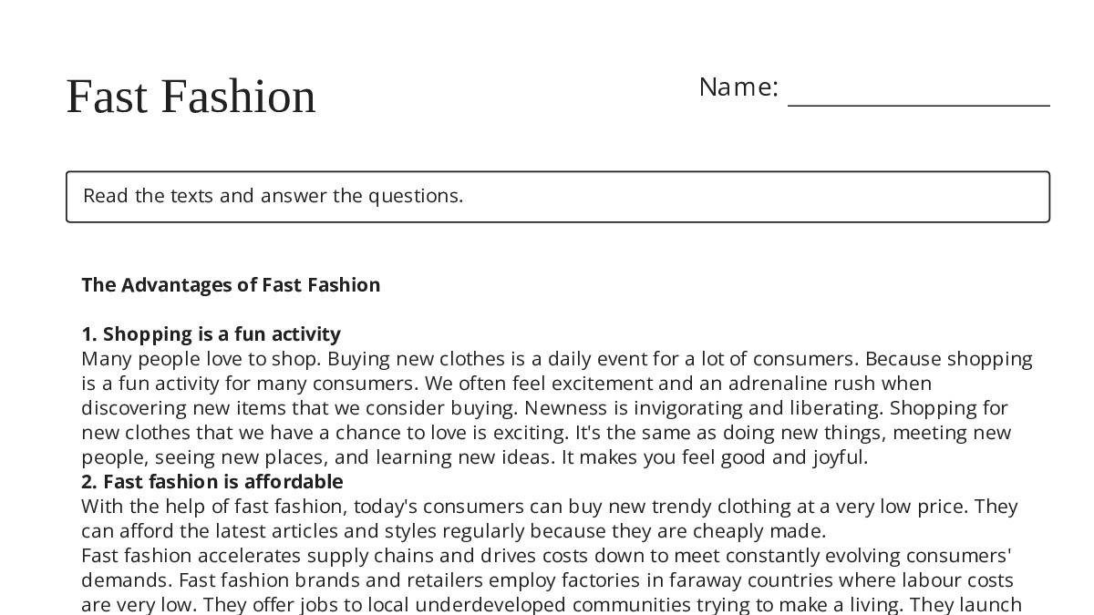 Fast Fashion - My Worksheet Maker: Create Your Own Worksheets