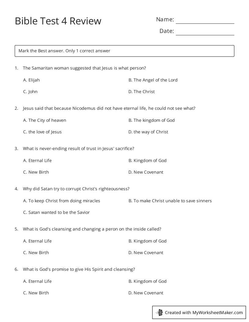 Bible Test 4 Review - My Worksheet Maker: Create Your Own Worksheets