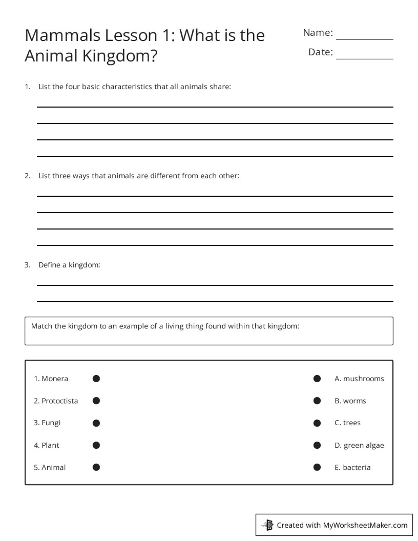 Mammals Lesson 1: What is the Animal Kingdom? - My Worksheet Maker ...