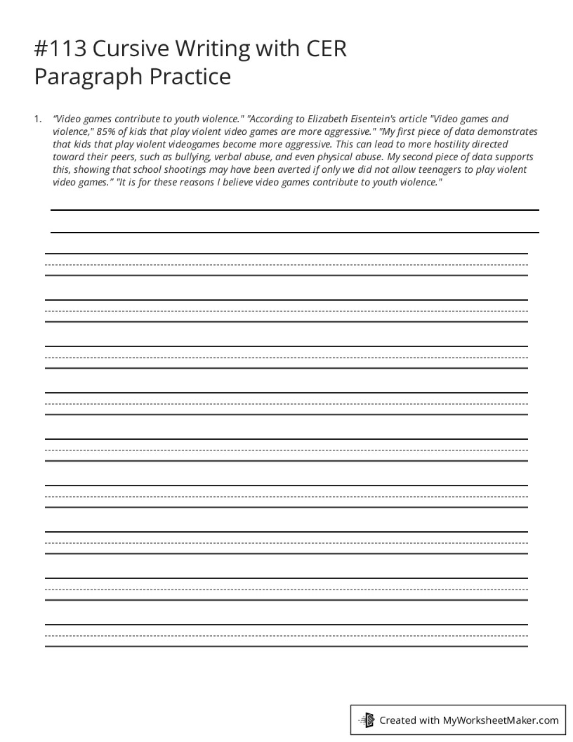 #113 Cursive Writing with CER Paragraph Practice - My Worksheet Maker ...