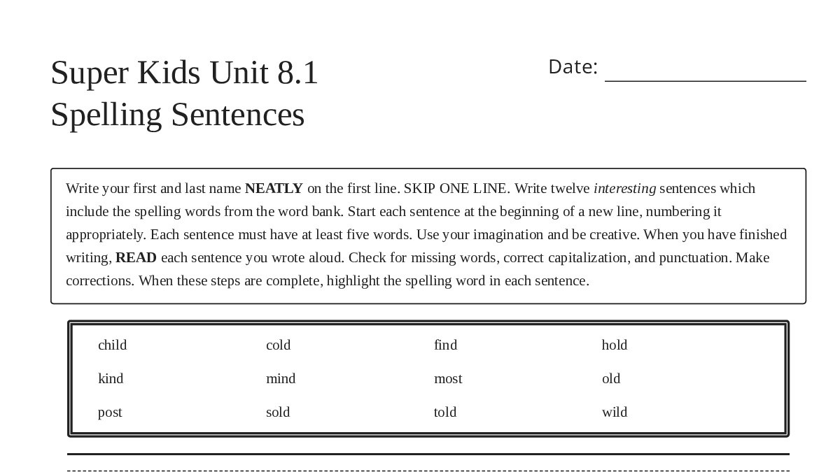 Super Kids Unit 8.1 Spelling Sentences - My Worksheet Maker: Create ...