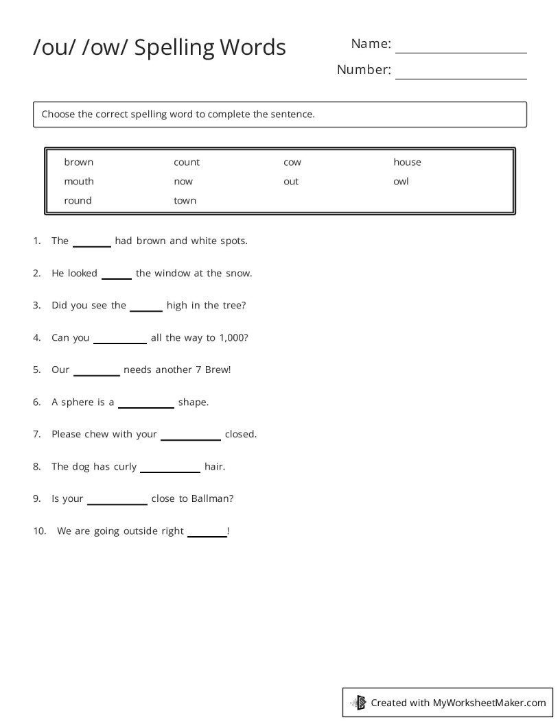 /ou/ /ow/ Spelling Words - My Worksheet Maker: Create Your Own Worksheets