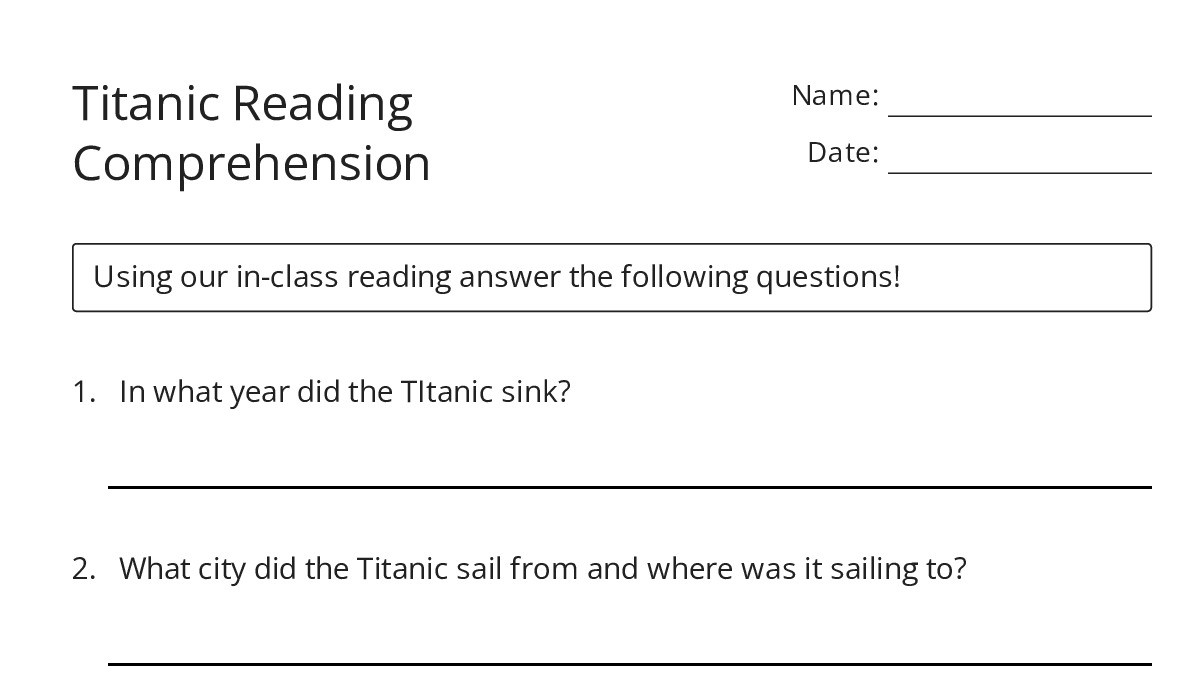 Titanic Reading Comprehension - My Worksheet Maker: Create Your Own ...