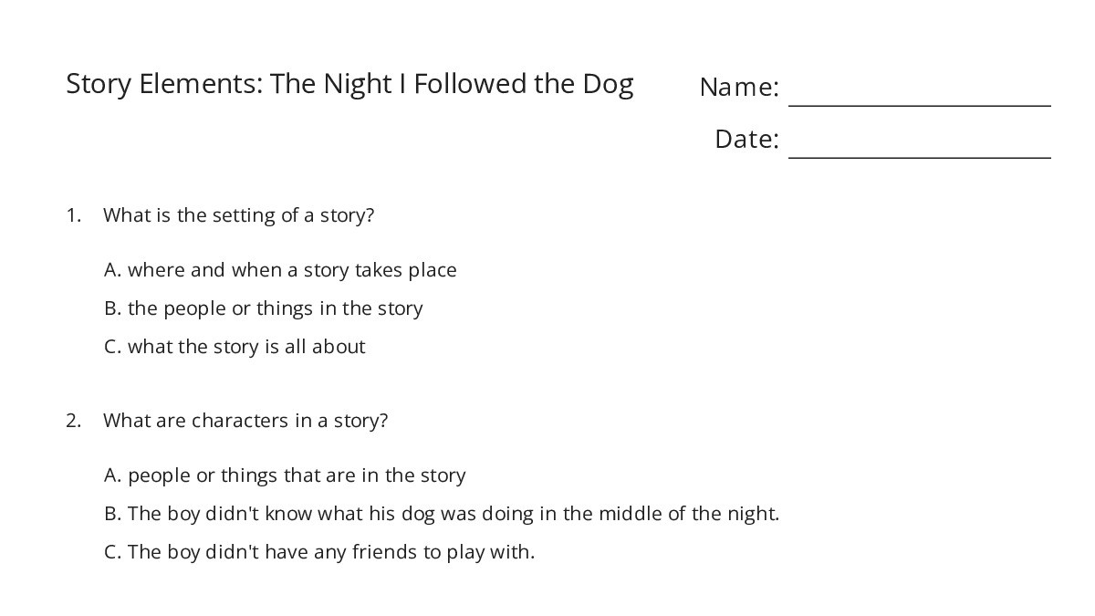 Story Elements: The Night I Followed the Dog - My Worksheet Maker ...