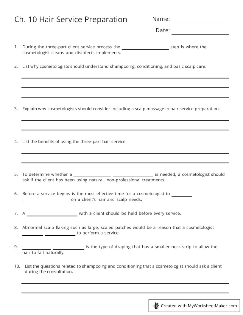 Ch. 10 Hair Service Preparation - My Worksheet Maker: Create Your Own ...
