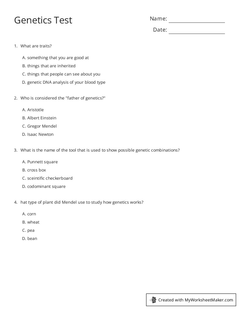 Genetics Test - My Worksheet Maker: Create Your Own Worksheets