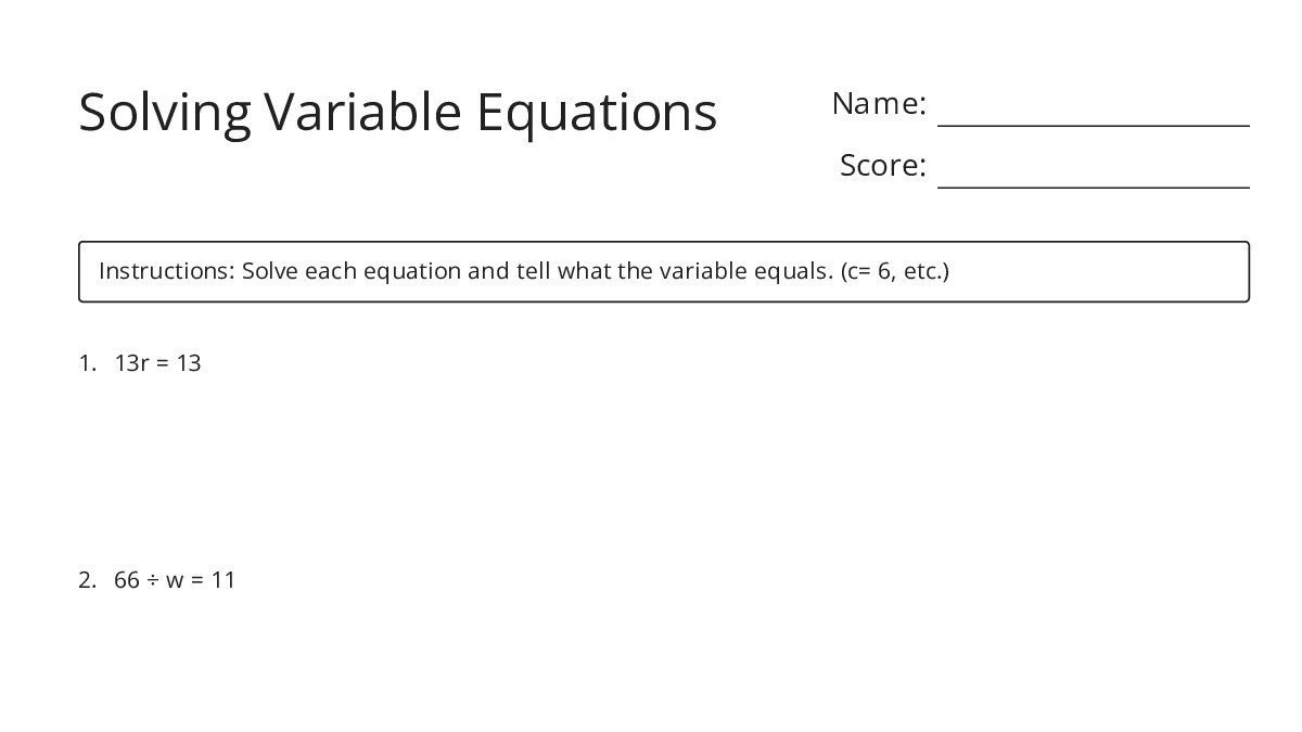 Solving Variable Equations - My Worksheet Maker: Create Your Own Worksheets
