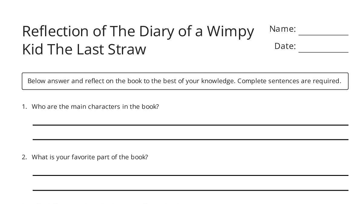 Reflection of The Diary of a Wimpy Kid The Last Straw - My Worksheet ...