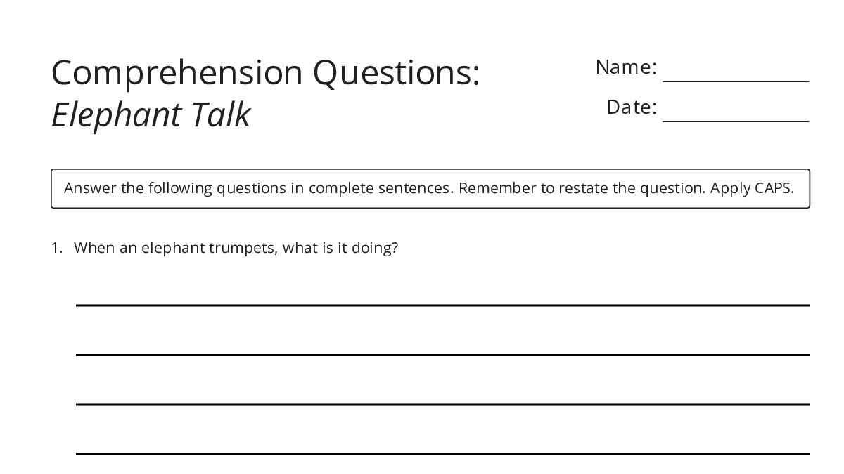 Comprehension Questions: Elephant Talk - My Worksheet Maker: Create ...