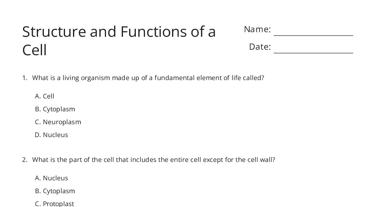 Structure and Functions of a Cell - My Worksheet Maker: Create Your Own ...