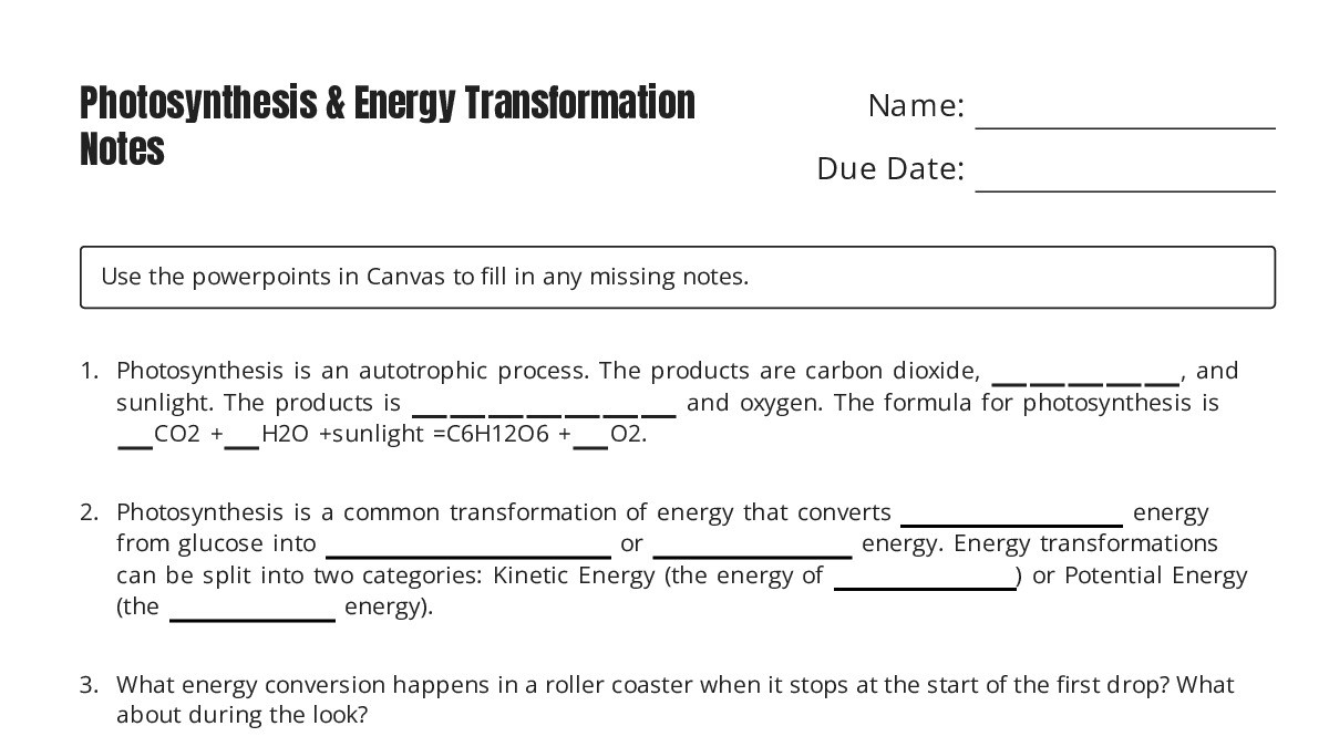Photosynthesis & Energy Transformation Notes - My Worksheet Maker ...
