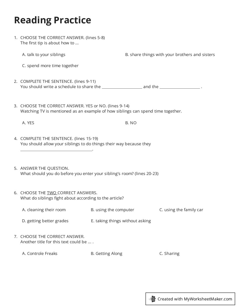 Reading Practice - My Worksheet Maker: Create Your Own Worksheets
