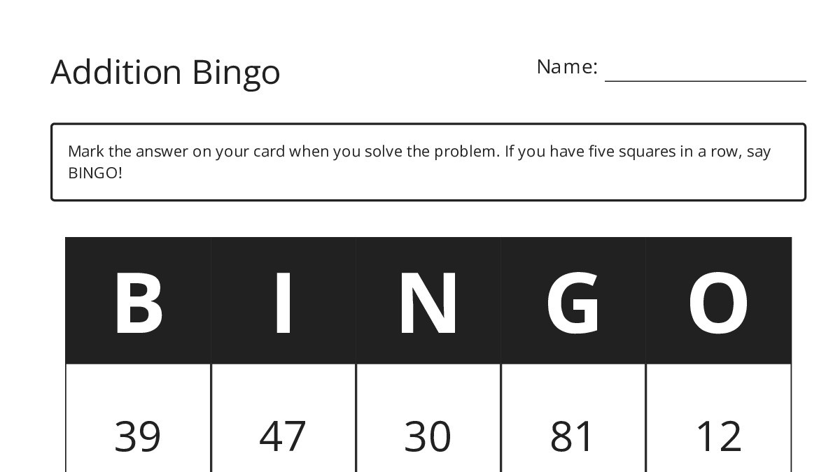 Addition Bingo - My Bingo Maker: Create Your Own Bingo Cards