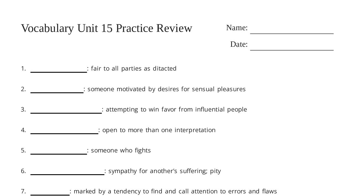 Vocabulary Unit 15 Practice Review - My Worksheet Maker: Create Your ...
