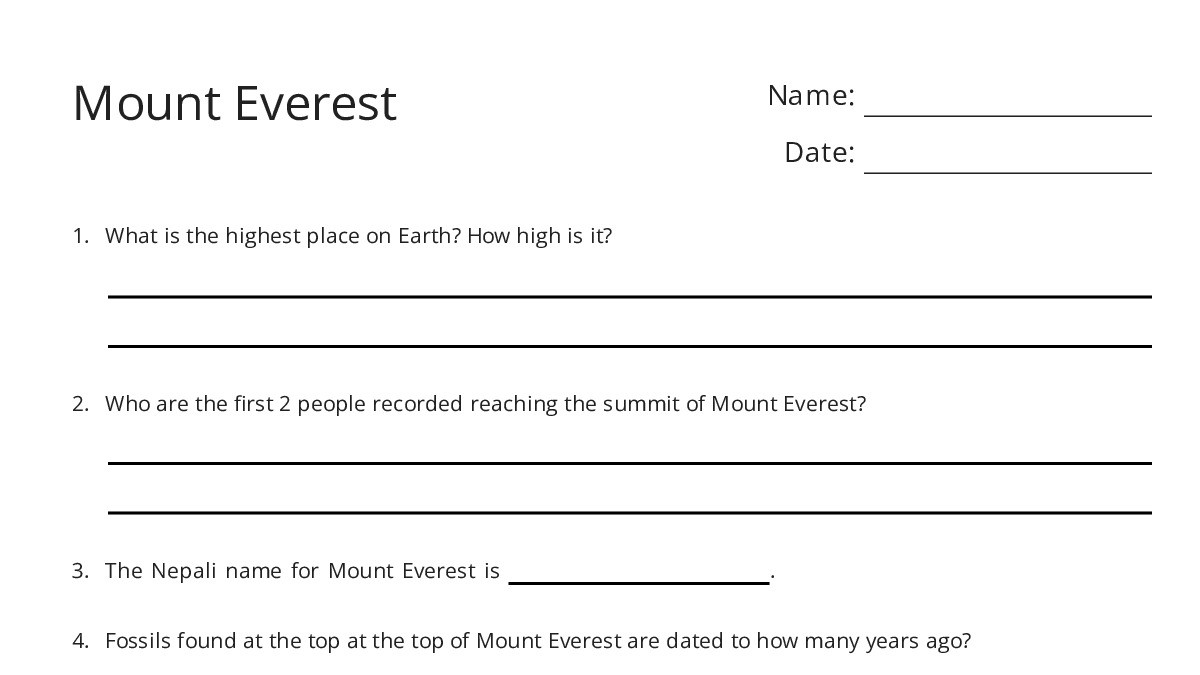Mount Everest - My Worksheet Maker: Create Your Own Worksheets
