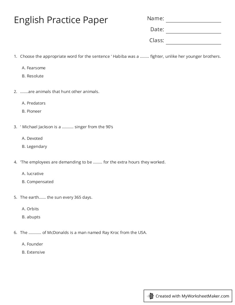 English Practice Paper - My Worksheet Maker: Create Your Own Worksheets