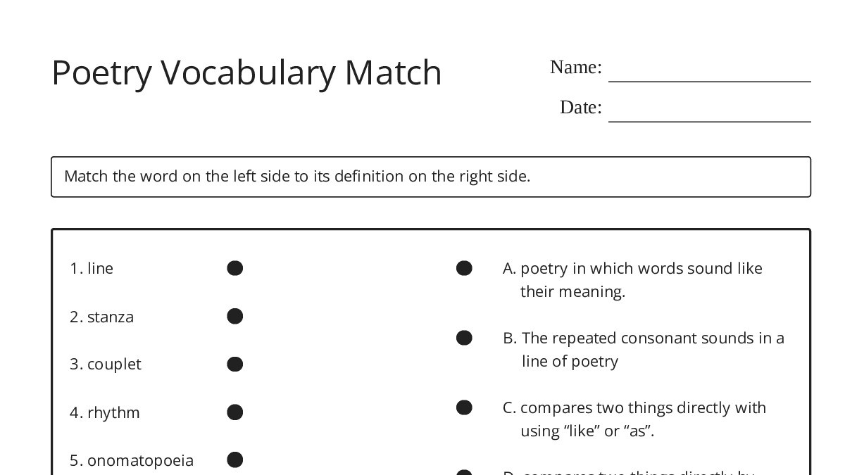 Poetry Vocabulary Match - My Worksheet Maker: Create Your Own Worksheets
