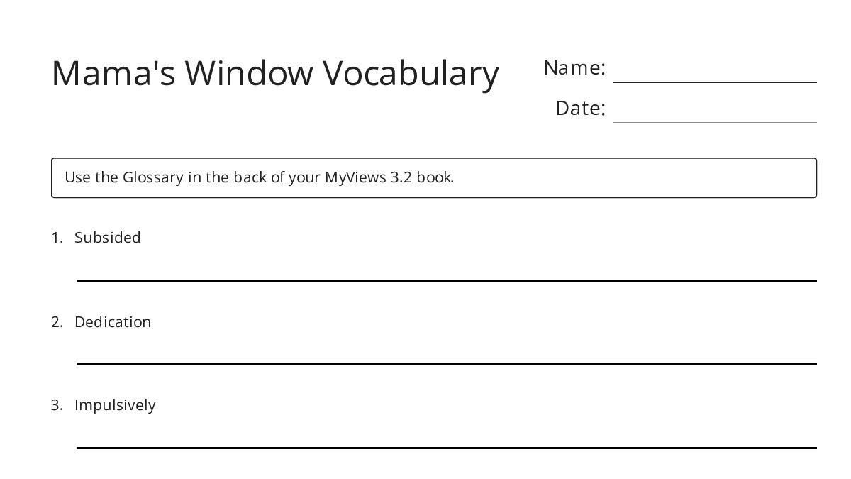 Mama's Window Vocabulary - My Worksheet Maker: Create Your Own Worksheets