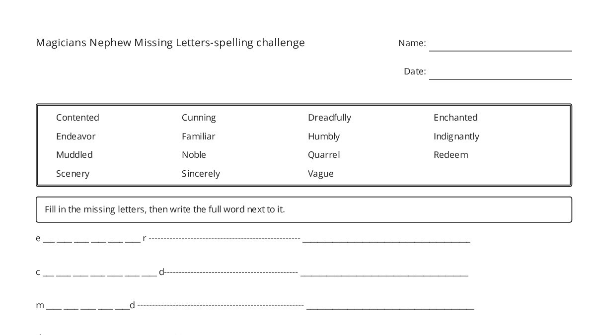 Magicians Nephew Missing Letters-spelling challenge - My Worksheet ...