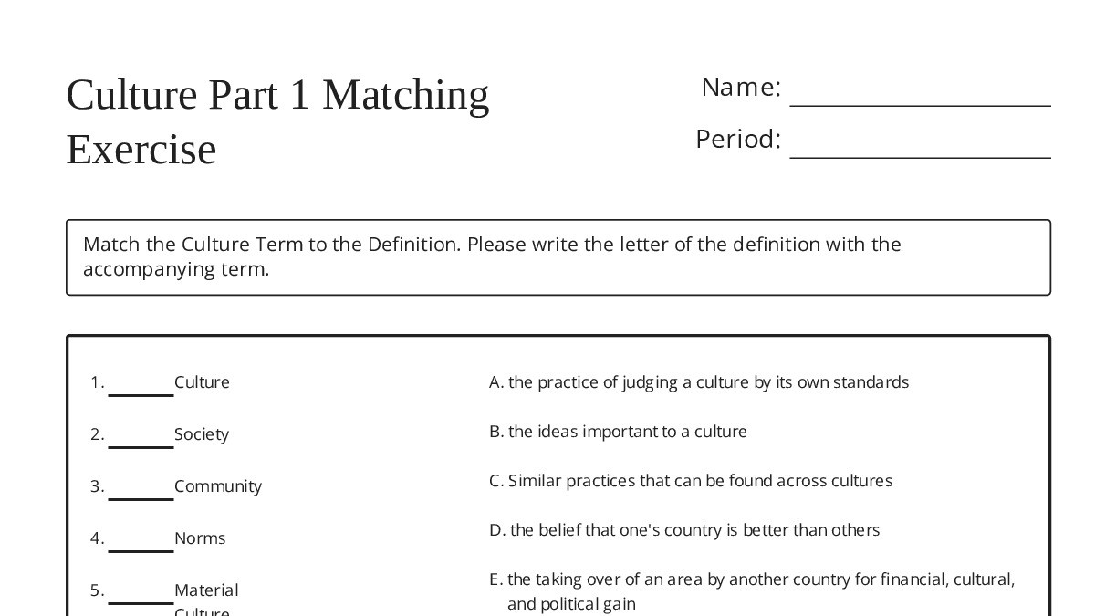 Culture Part 1 Matching Exercise - My Worksheet Maker: Create Your Own ...