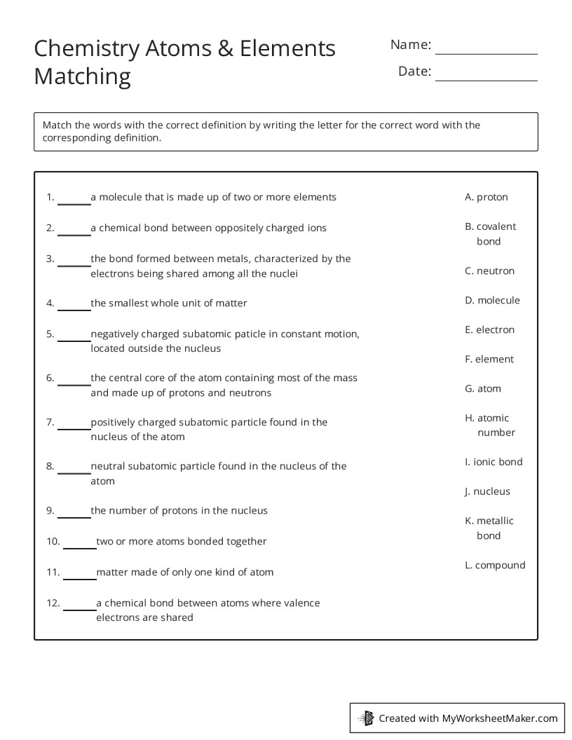 Chemistry Atoms & Elements Matching - My Worksheet Maker: Create Your ...